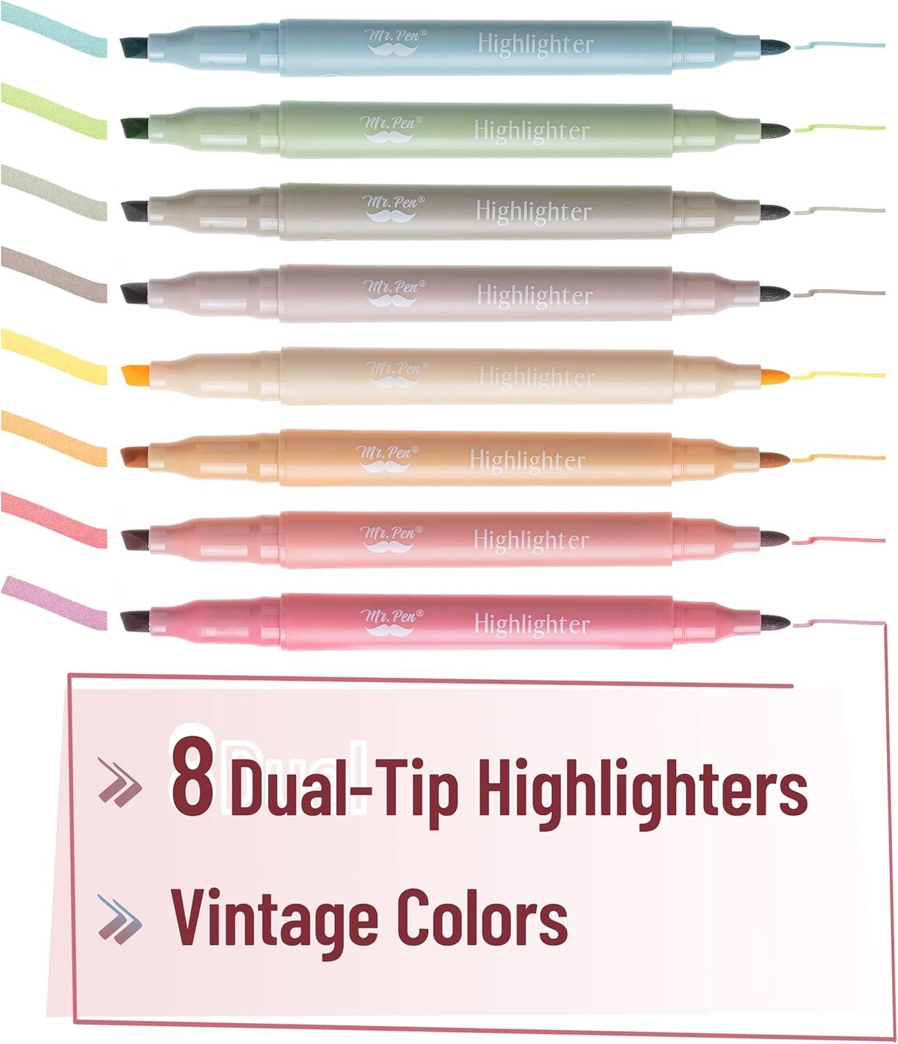Mr. Pen- Dual Tip Highlighters, Vintage Colors, 8 Pack, Fine & Chisel Tip, Highlighter ...